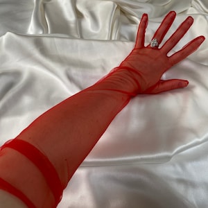BRIGHT RED Gloves Tulle Mesh Elbow Length Sheer Opera Gloves, Long ...