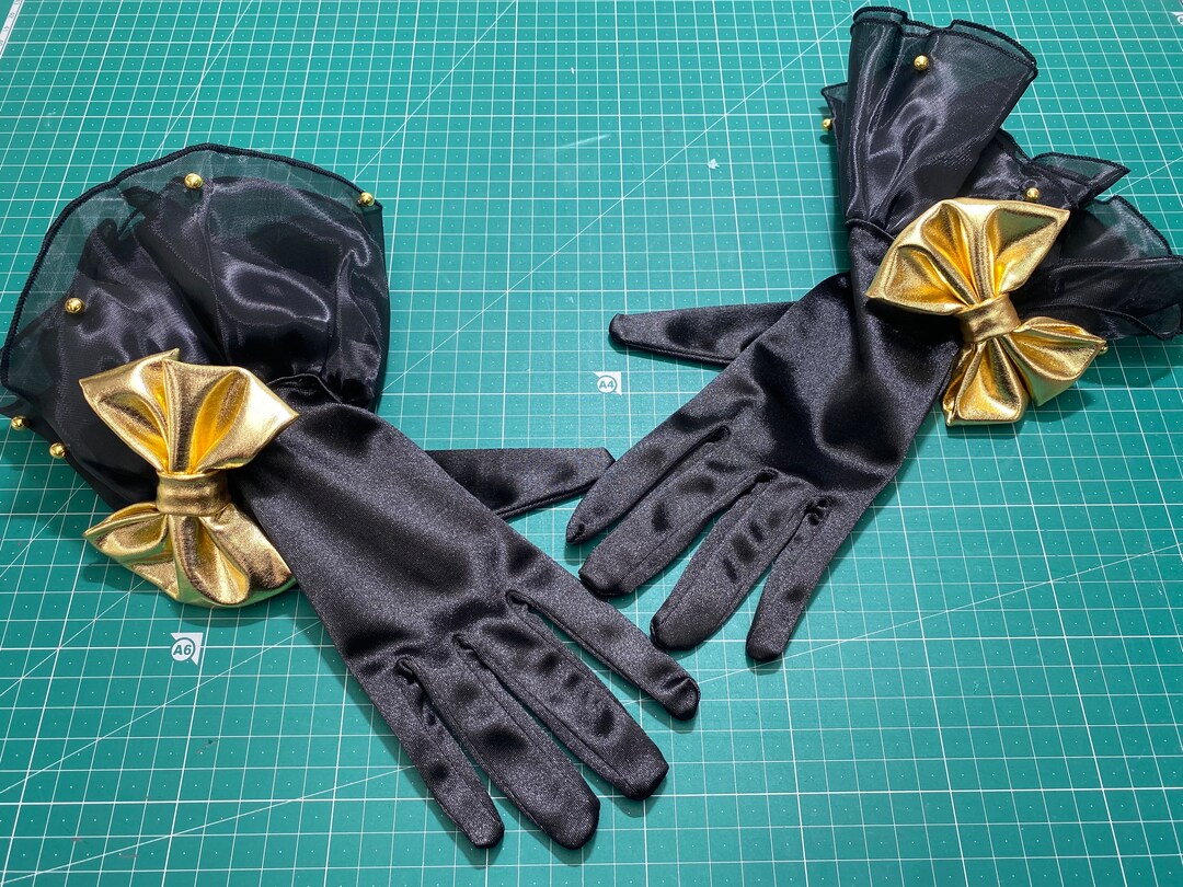 ONE OFF Black Gold Mesh Ruffle Satin Short Wrist Gloves STATEMENT Frill ...