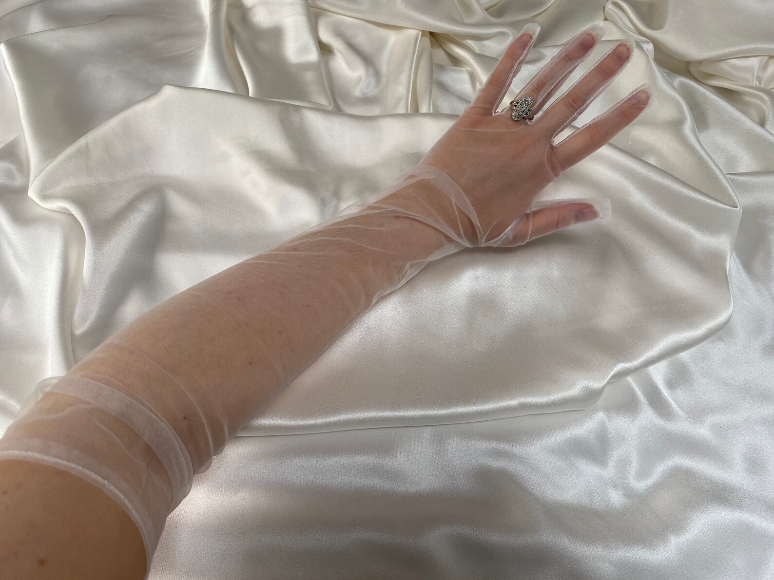 KATE White Bridal Gloves Tulle Mesh Elbow Length Sheer Opera - Etsy