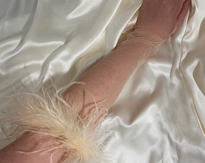 IVORY OSTRICH Feather Gloves Sheer Tulle Glove Bride to Be Over the ...