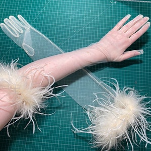 IVORY OSTRICH Feather Gloves Sheer Tulle Glove Bride to Be Over the ...