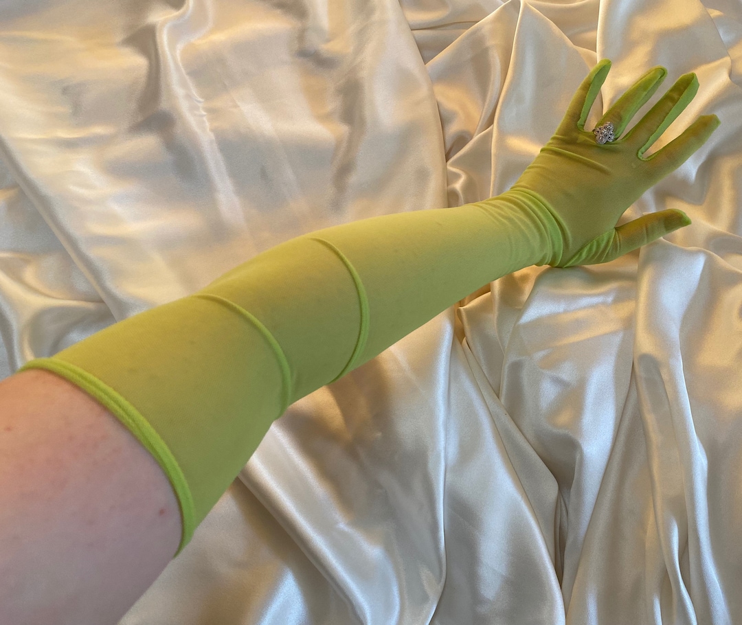 LIME GREEN Opera Over Elbow Length Semi Sheer Gloves, Long Bridal ...