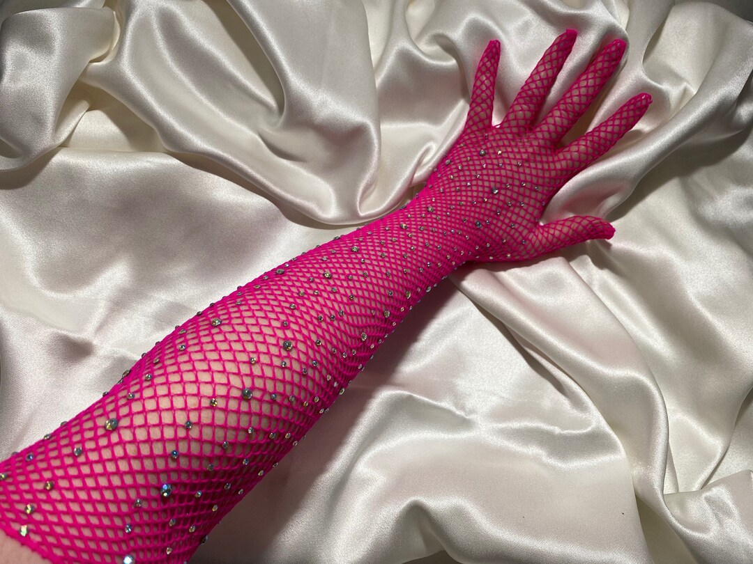 DIAMANTÉ FISHNET Pink Gloves Drag Performance Singer Opera Length ...