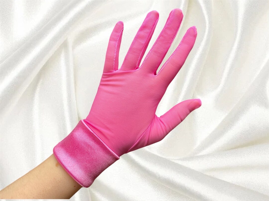 HOT PINK Satin Cuff Short Wrist Gloves Semi Sheer Mesh Glove Wedding ...