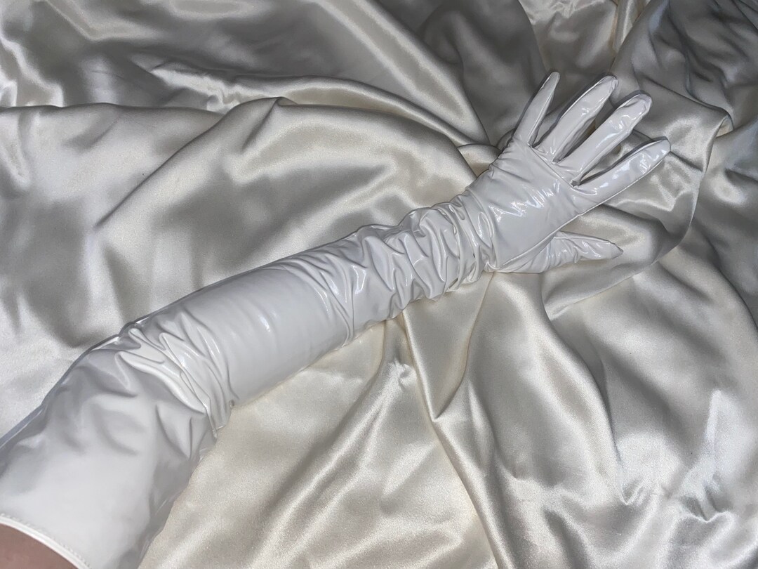 WHITE PVC Gloves Alt Bride Patent Faux Leather Extreme Length Opera ...