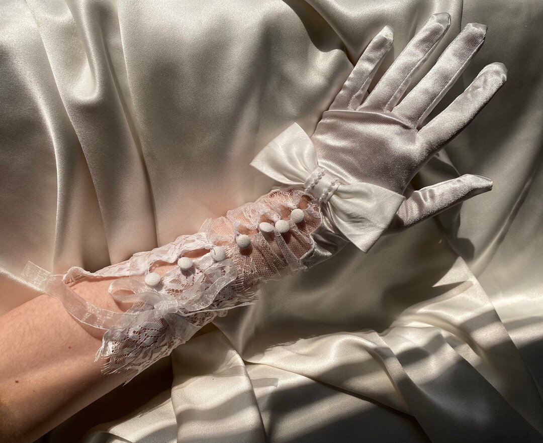 BUTTON UP Satin Lace Bow Elbow Length White Stretch Mesh Gloves, Bridal ...