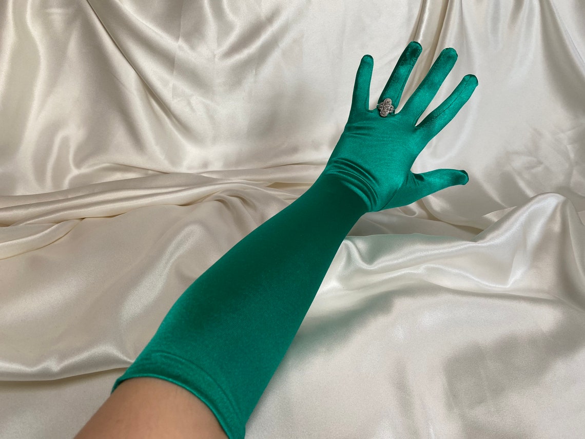 EMERALD GREEN Gloves Long Opera Length Elbow Shiny Satin Silky | Etsy UK