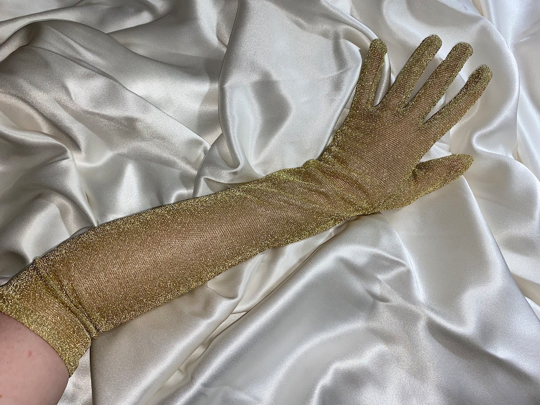 GOLD GLITTER Gloves, Elbow Length Opera Shimmer Fabric Glove Sparkle Effect, Cosplay Party Event ...