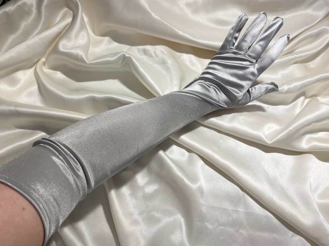 SILVER GREY Gloves Extra Long Opera Length Elbow Shiny Satin Silky ...