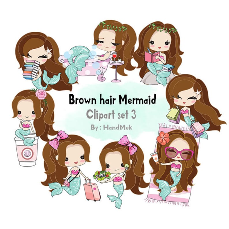 Brown hair Mermaid Clip art set 3 instant download PNG file | Etsy