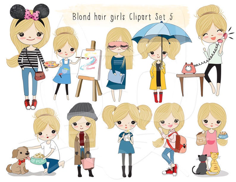 Blonde hair girl Clip art set 5 instant download PNG file | Etsy