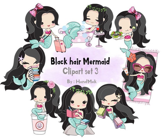 Black hair Mermaid Clip art set 3 instant download PNG file | Etsy