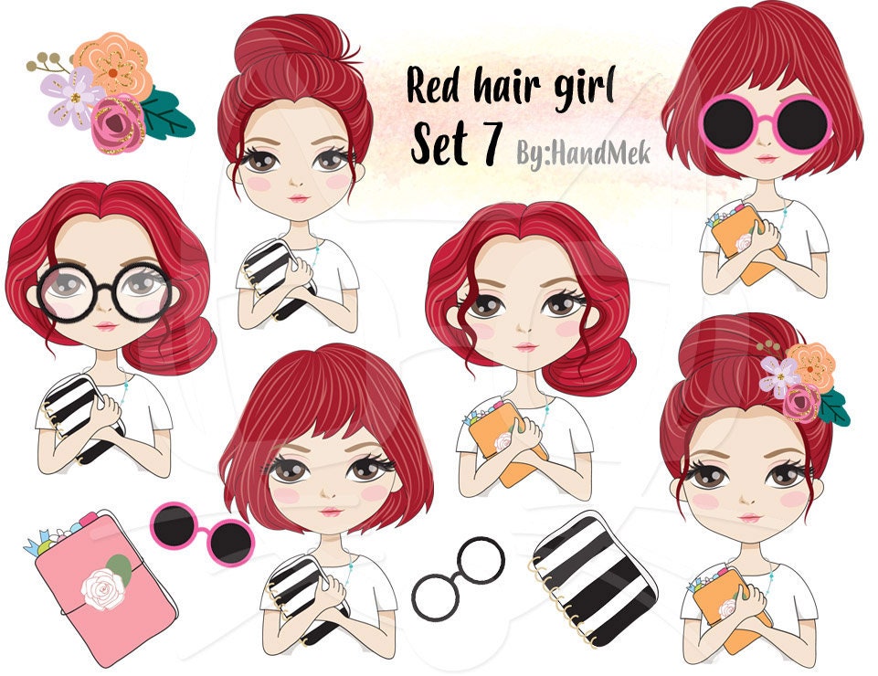 Red hair girl Clip art set 7 instant download PNG file 300 | Etsy