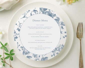 Printed Blue Modern Floral Wedding Menus, Blue Flower Wedding Menu ...