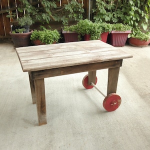 Primitive Wooden Table With Red Wooden Wheels- Distressed Rustic ...