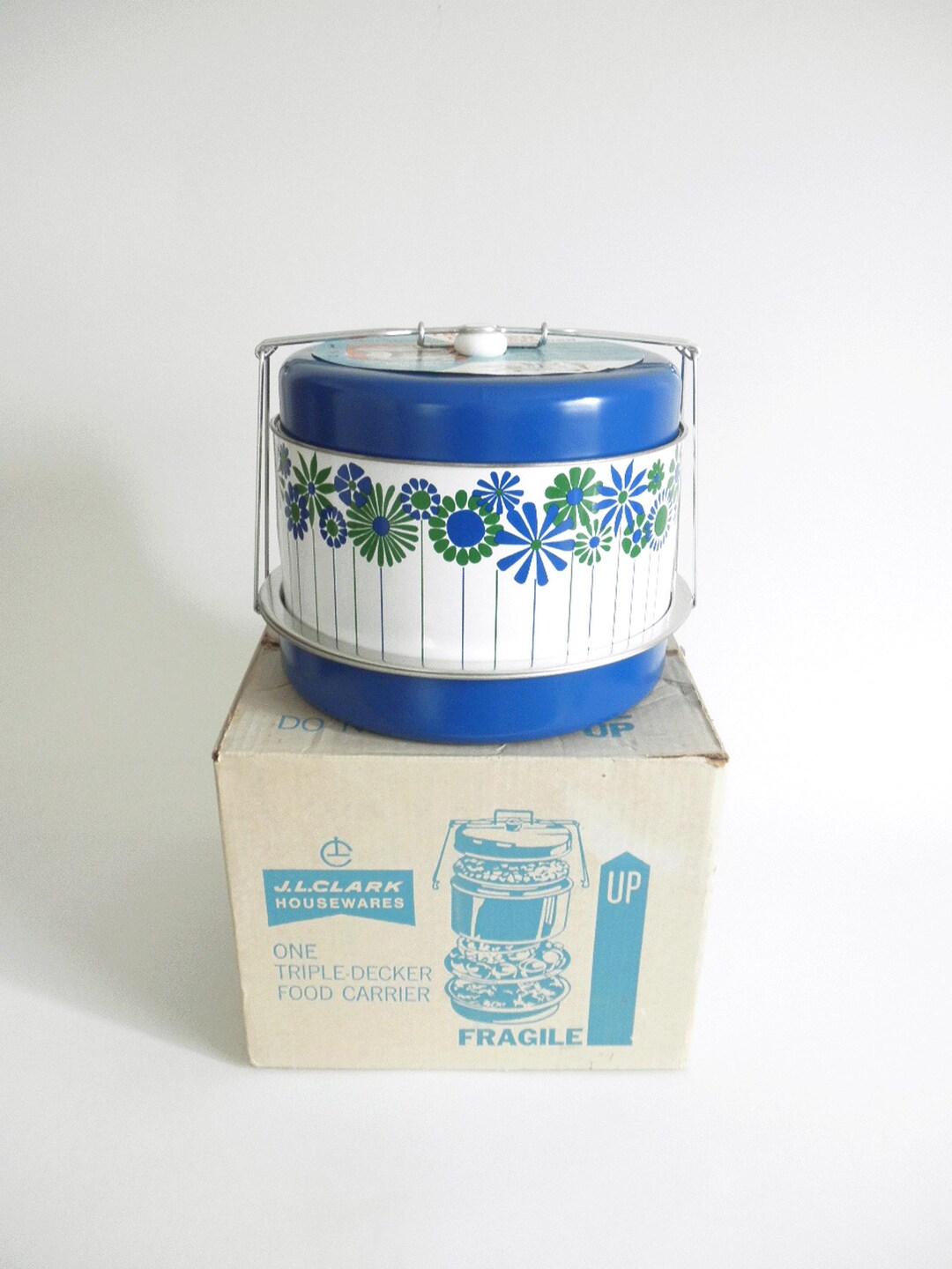 Vintage Triple Decker Metal Cake Food Carrier- Blue Floral Metal- 1960s ...