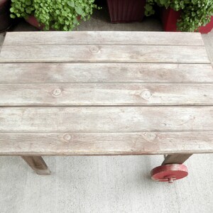 Primitive Wooden Table With Red Wooden Wheels- Distressed Rustic ...
