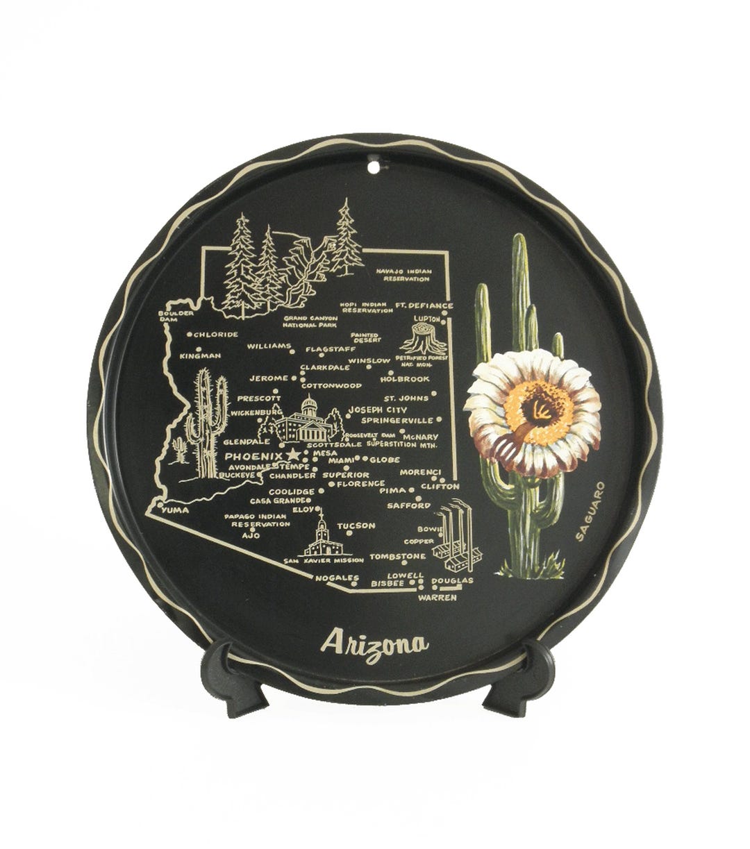 Vintage Arizona Tin Metal Souvenir Tray- 11" Round Black Metal Tray ...