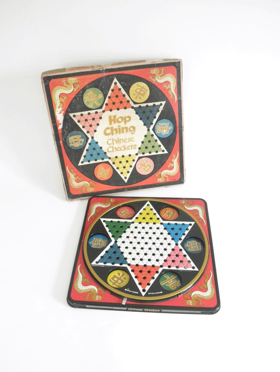 Vintage Hop Ching Chinese Checkers: Tin Metal Board Game, Marbles ...