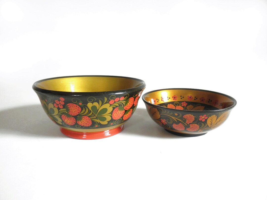 Vintage Russian Khokhloma Lacquerware Bowls- Pair of Hand Painted Bowls ...