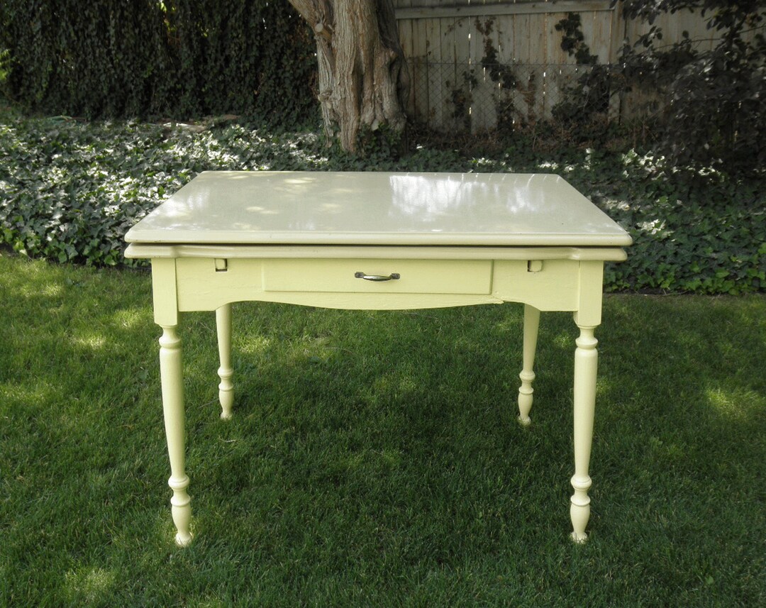 Antique Enameled Top Kitchen Table With Slide Outs- Butter Yellow Color ...
