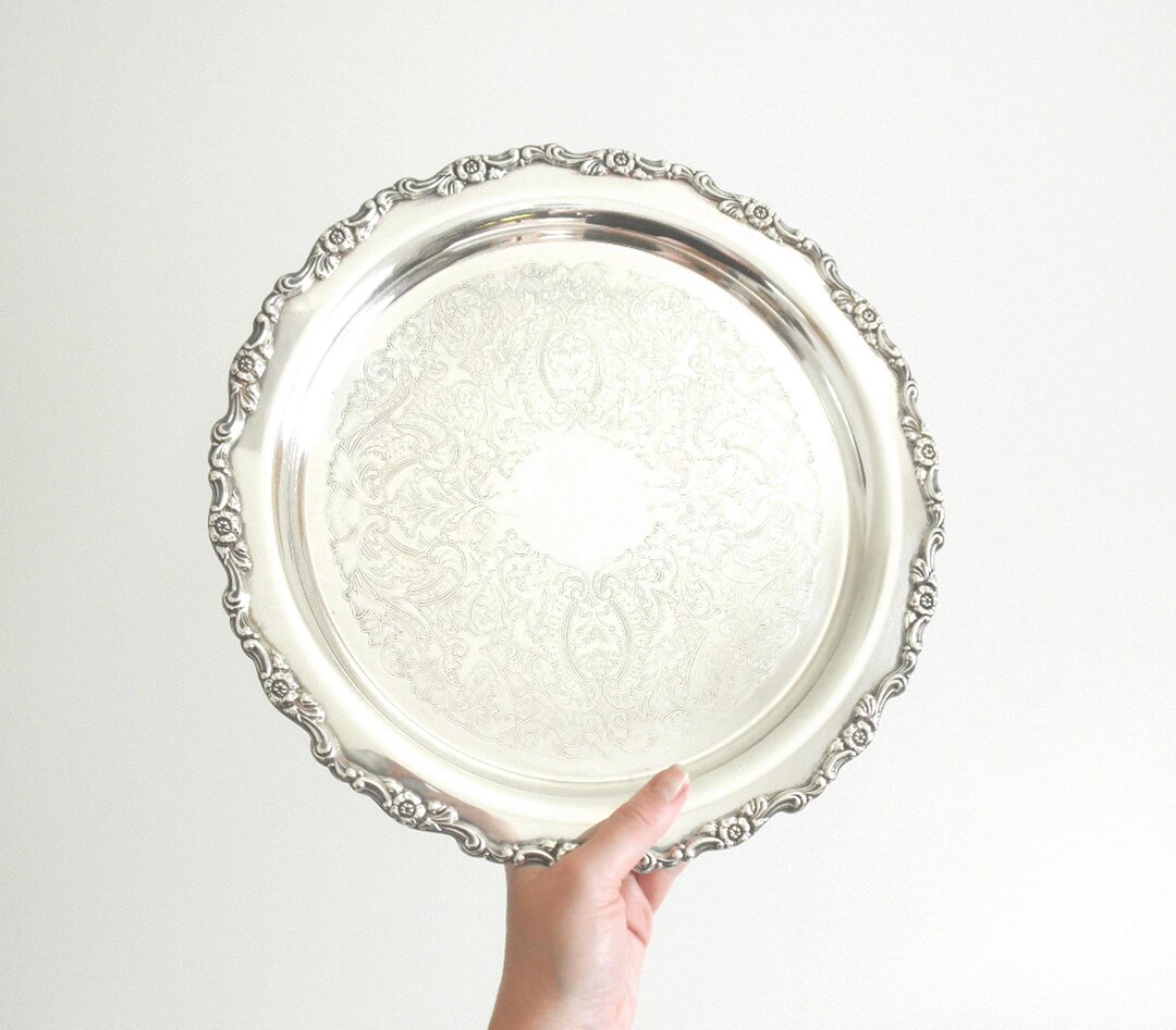 Vintage Oneida Round Floral Edge Silver Plate Tray- 12 3/8" Ornate ...