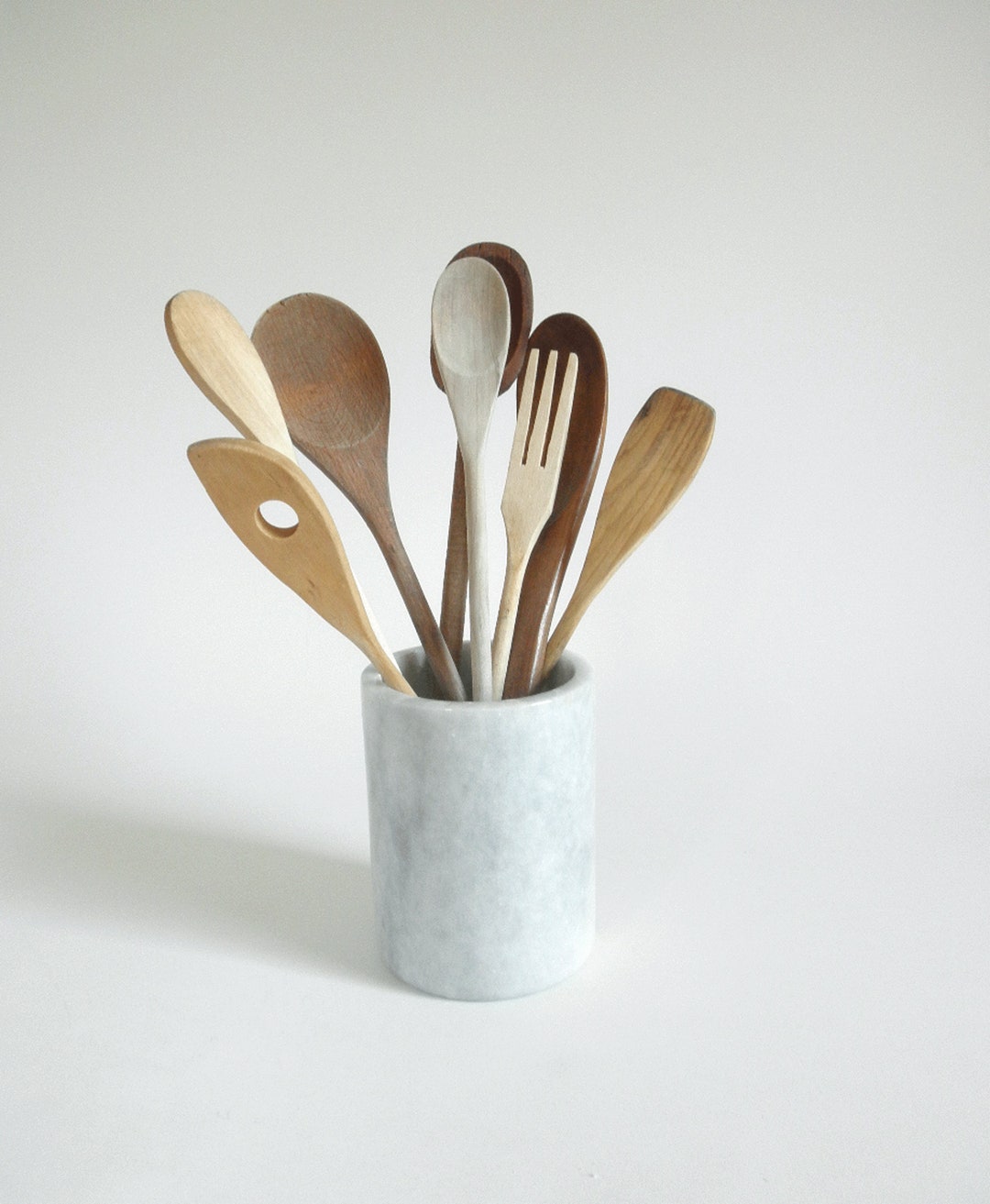 Vintage White Marble Utensil Crock- Wooden Spoon Jar/ Cooking Utensil ...