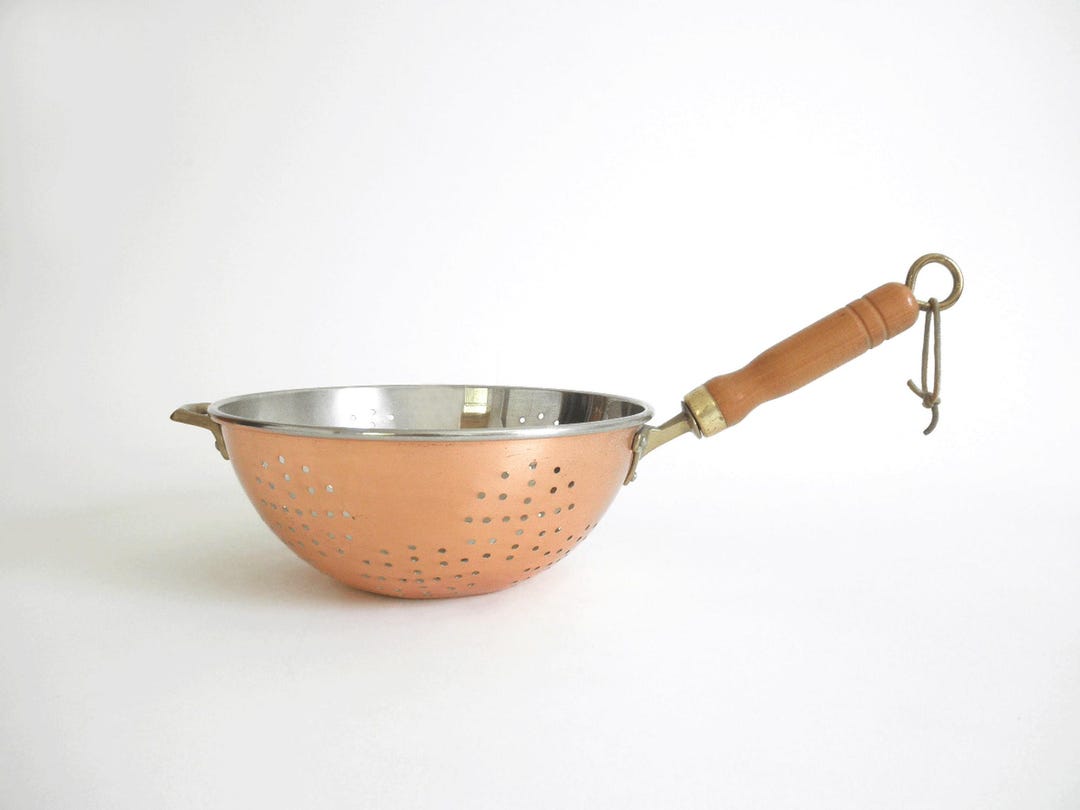 Vintage Copper Colander Pan With Wood and Brass Handles Primitive ...