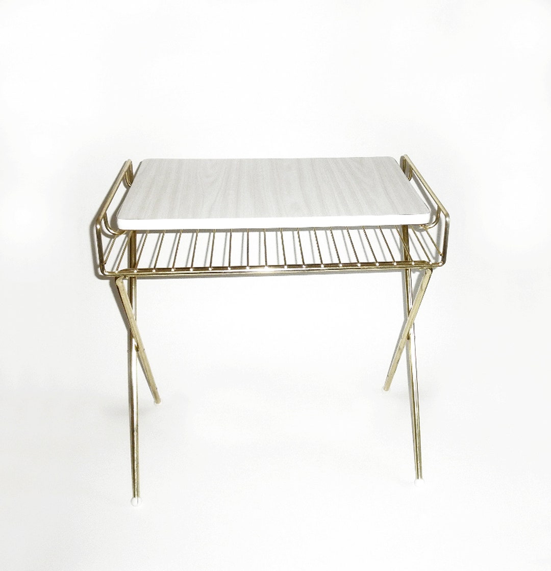 Vintage MCM Vanity Desk Table Folding Gold Metal Frame & White Faux ...