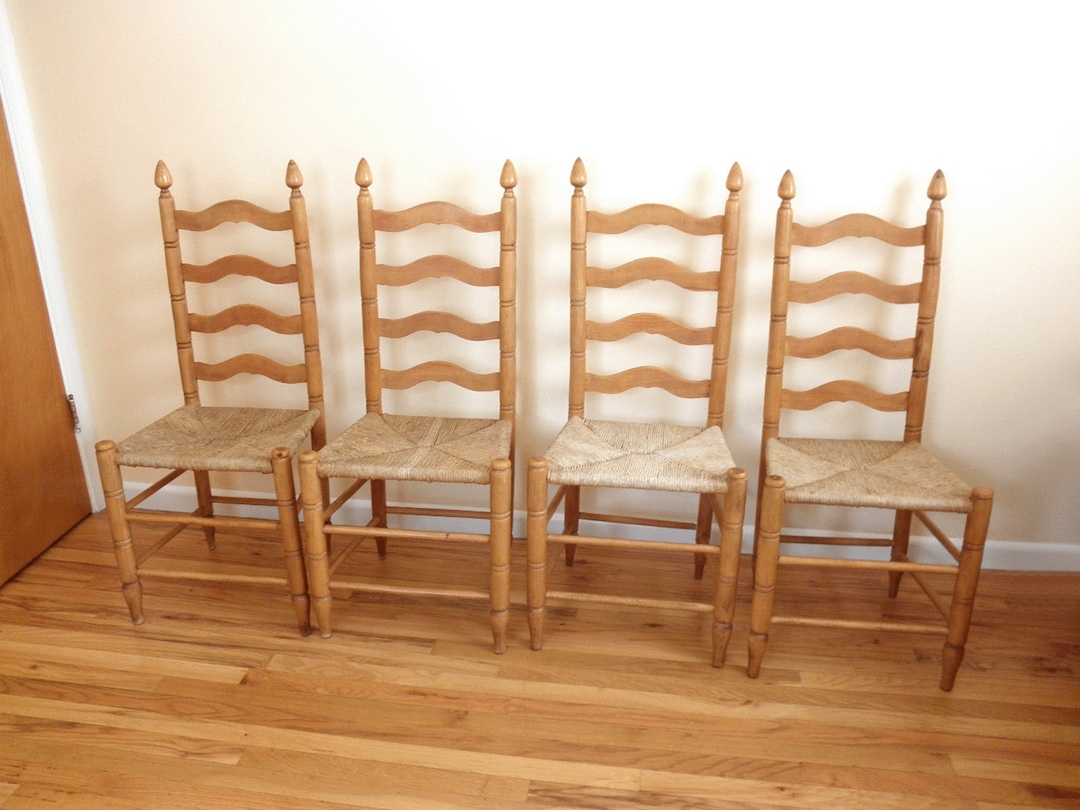 Antique Wooden Ladder-back Chairs With Rush Woven Seats, Dining Chairs ...