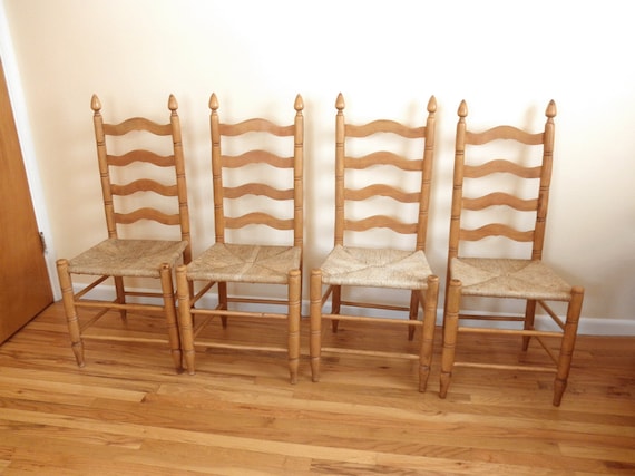 Antique Wooden Ladder back Chairs With Rush Woven Seats Set of 4 Dining Chairs Etsy