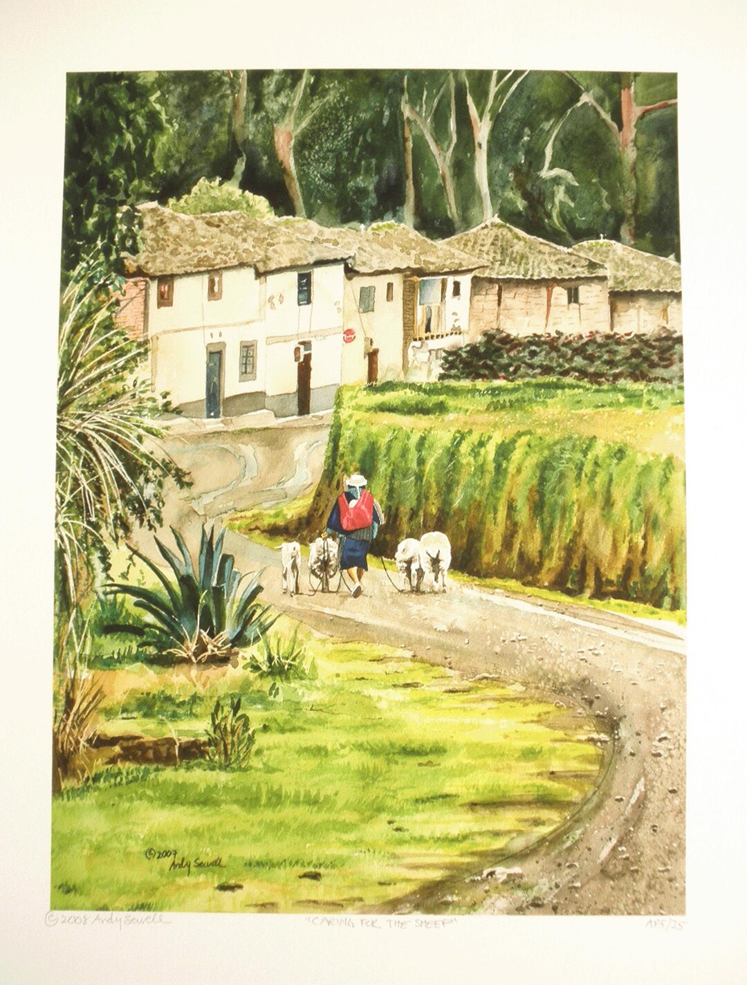 Vintage Peruvian Village Watercolor Print: Signed Sheep Art (10.5" X 14 ...