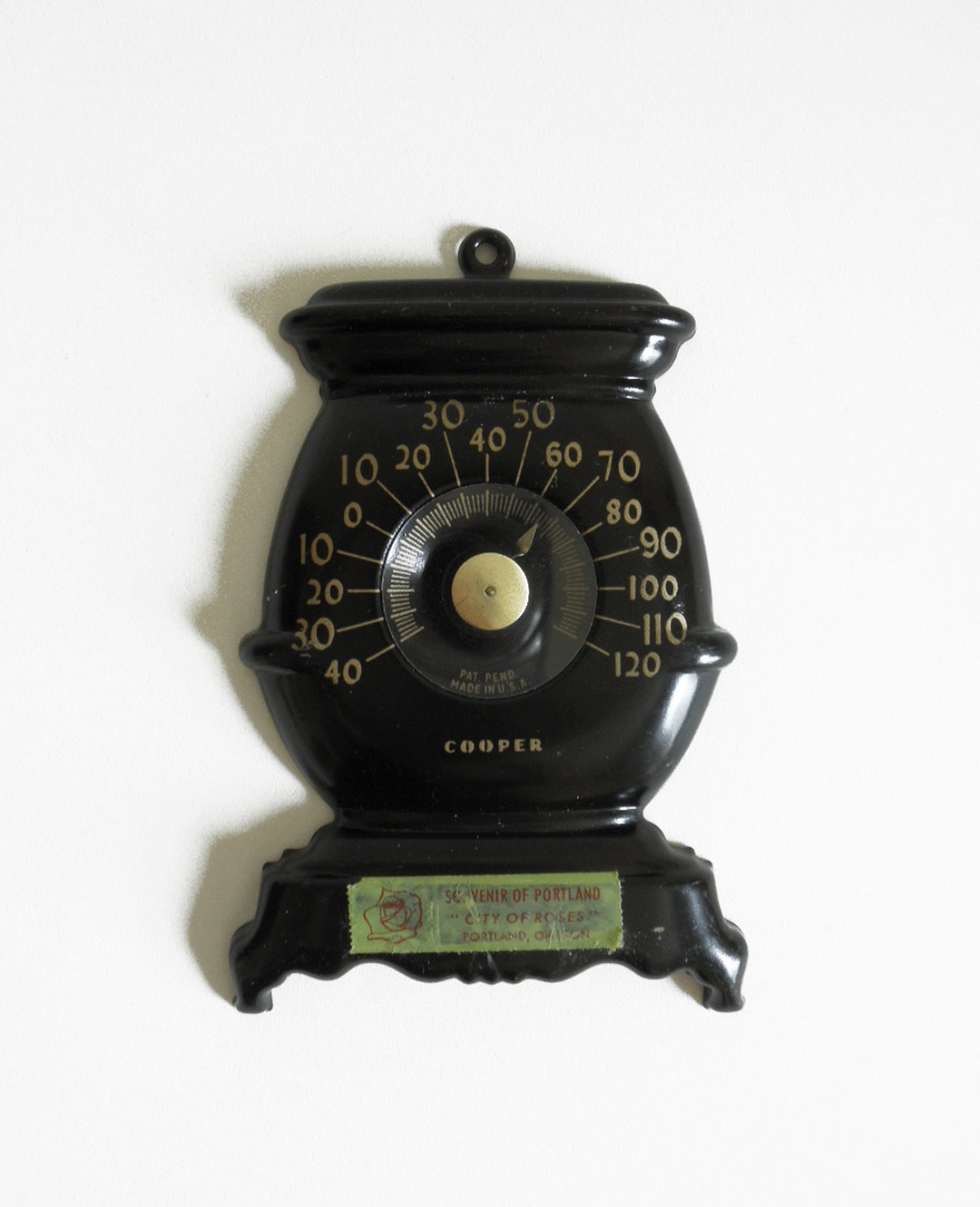 Vintage Cooper Black Pot Belly Stove Thermometer Mid Century Tin ...