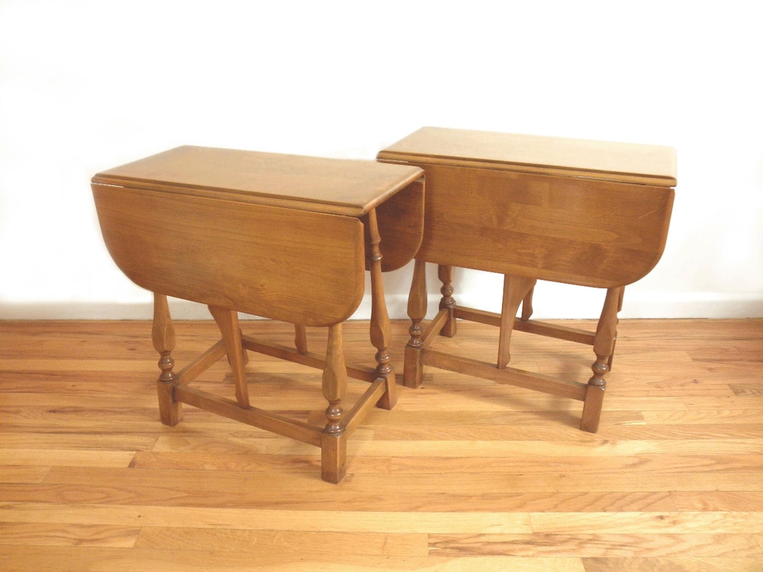 Antique Maple Wood Drop Leaf End Tables, Mid Century, Early American ...