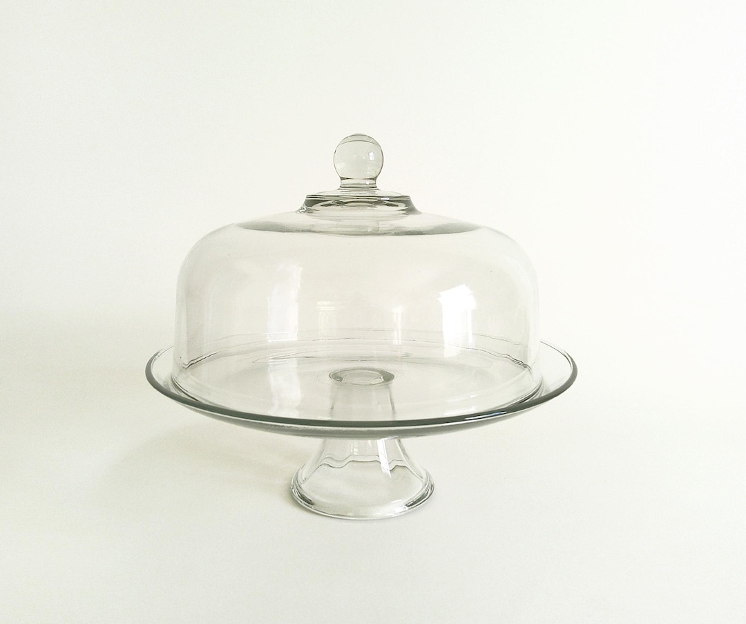 Vintage Glass Cake Dome With 12" Cake Plate Footed Stand, Clear Glass Plate / Stand With Heavy ...
