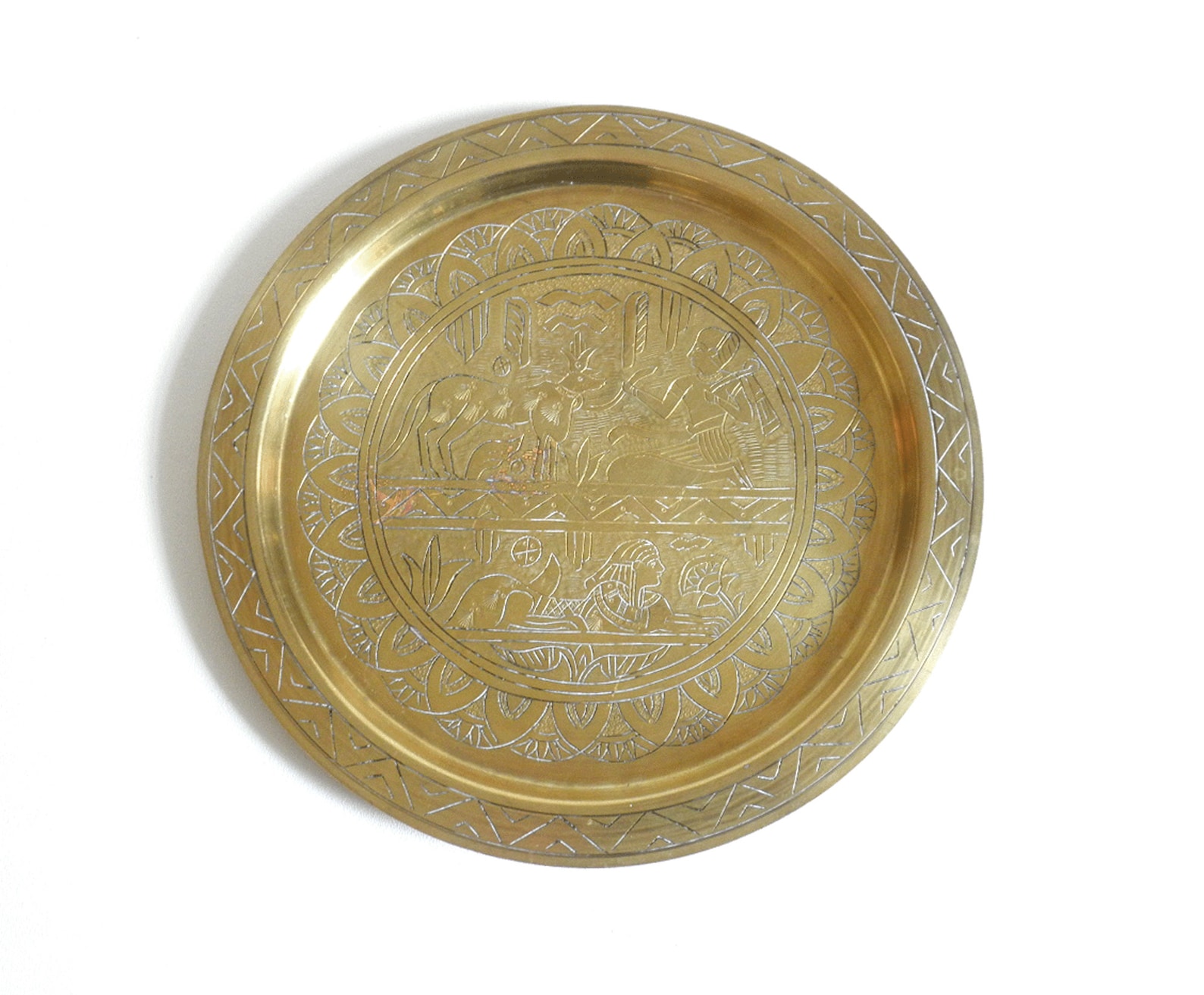 Antique Etched Brass Egyptian Tray- Solid Brass 11" Round Serving Tray ...