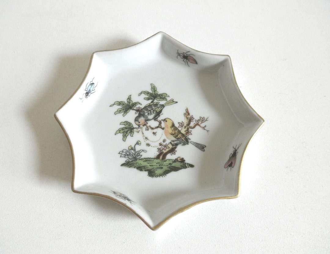 Vintage Bird & Bugs Porcelain Trinket Jewelry Dish- 4" Small Dish for ...