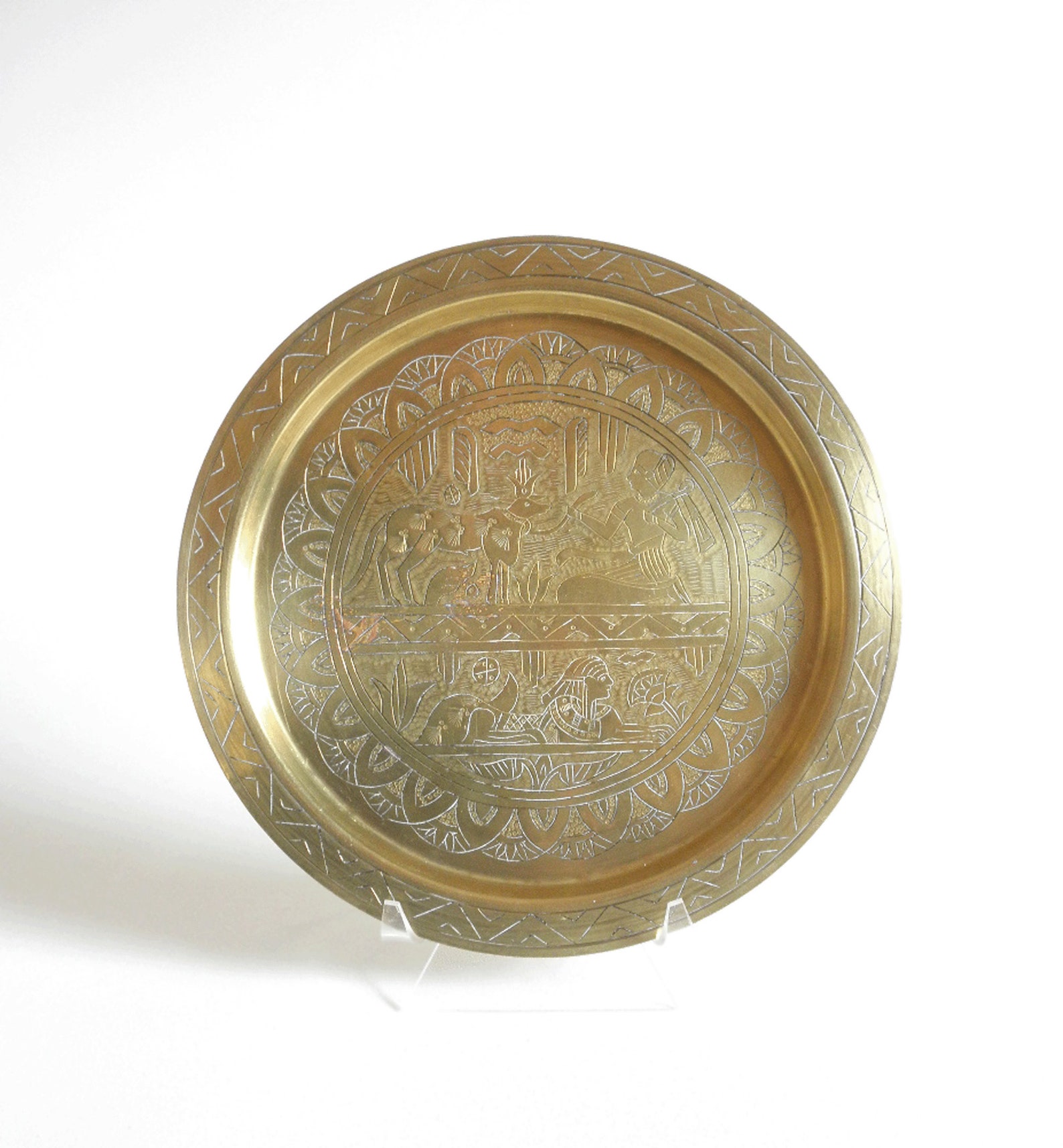 Antique Etched Brass Egyptian Tray- Solid Brass 11" Round Serving Tray ...