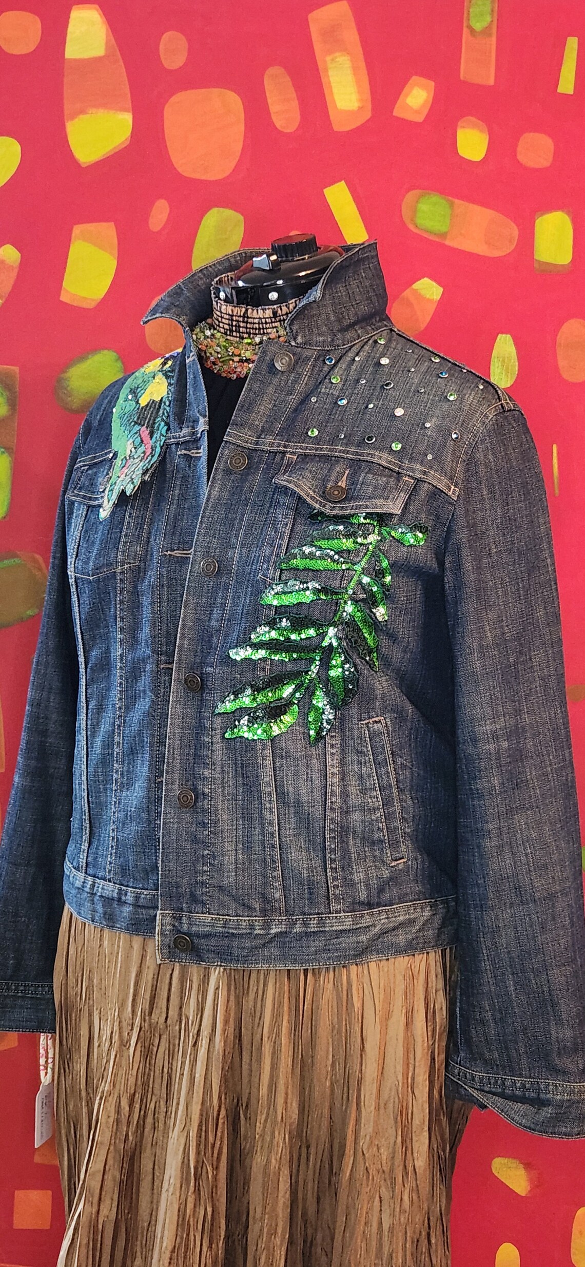 Upcycled Sequin Budgie Jean Jacket: Rhinestone Parrot, Tropical Leaves ...