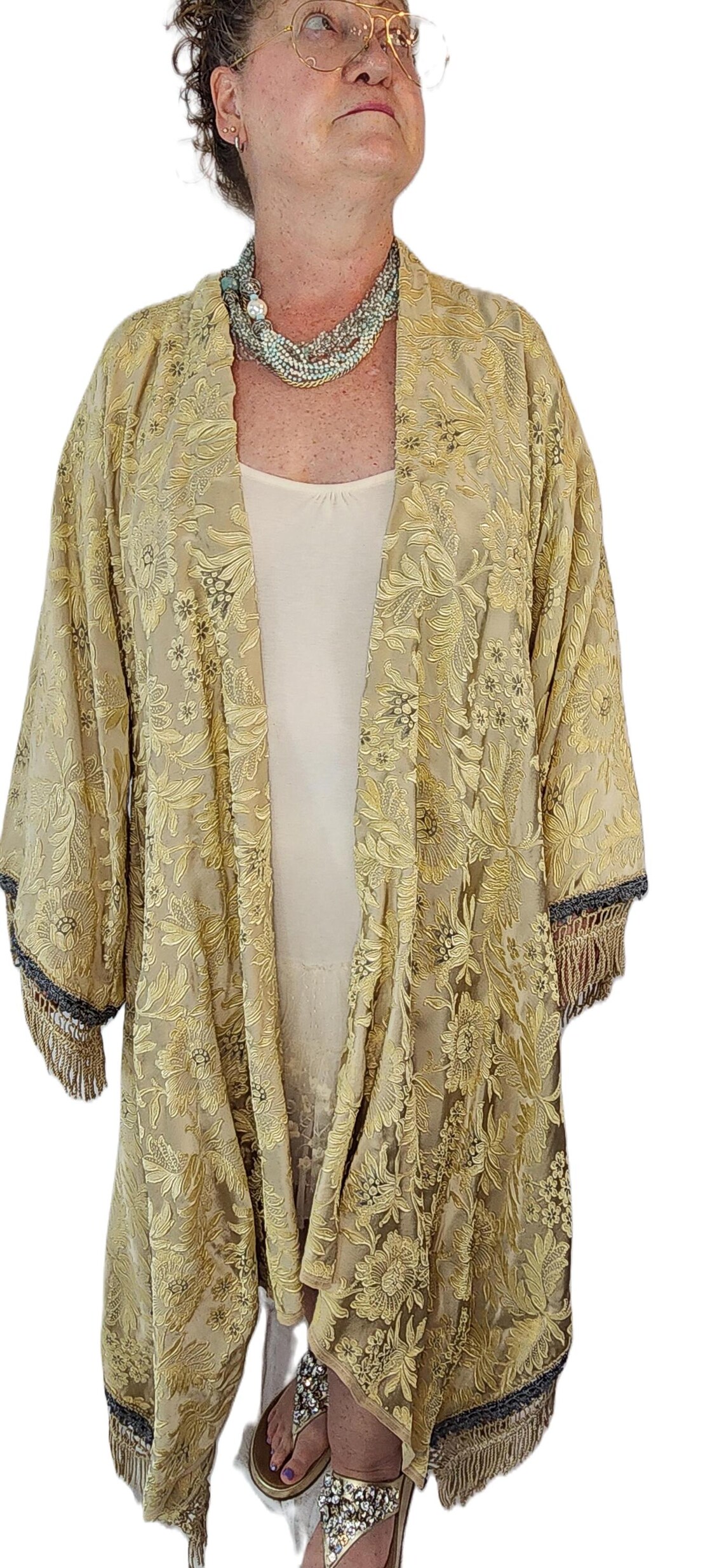 Upcycled Gold Fringed Duster. Kimono. Plus Size - Etsy