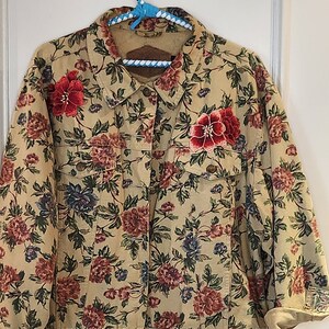 Upcycled Floral Tan Denim Jacket With Embroidered Red Flowers on the ...