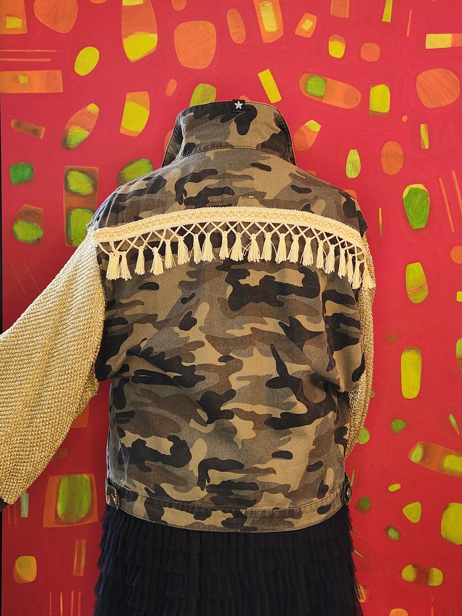 Bohemian Army Jacket With Wide Knit Gold Sleeves, Embroidered Sacred ...