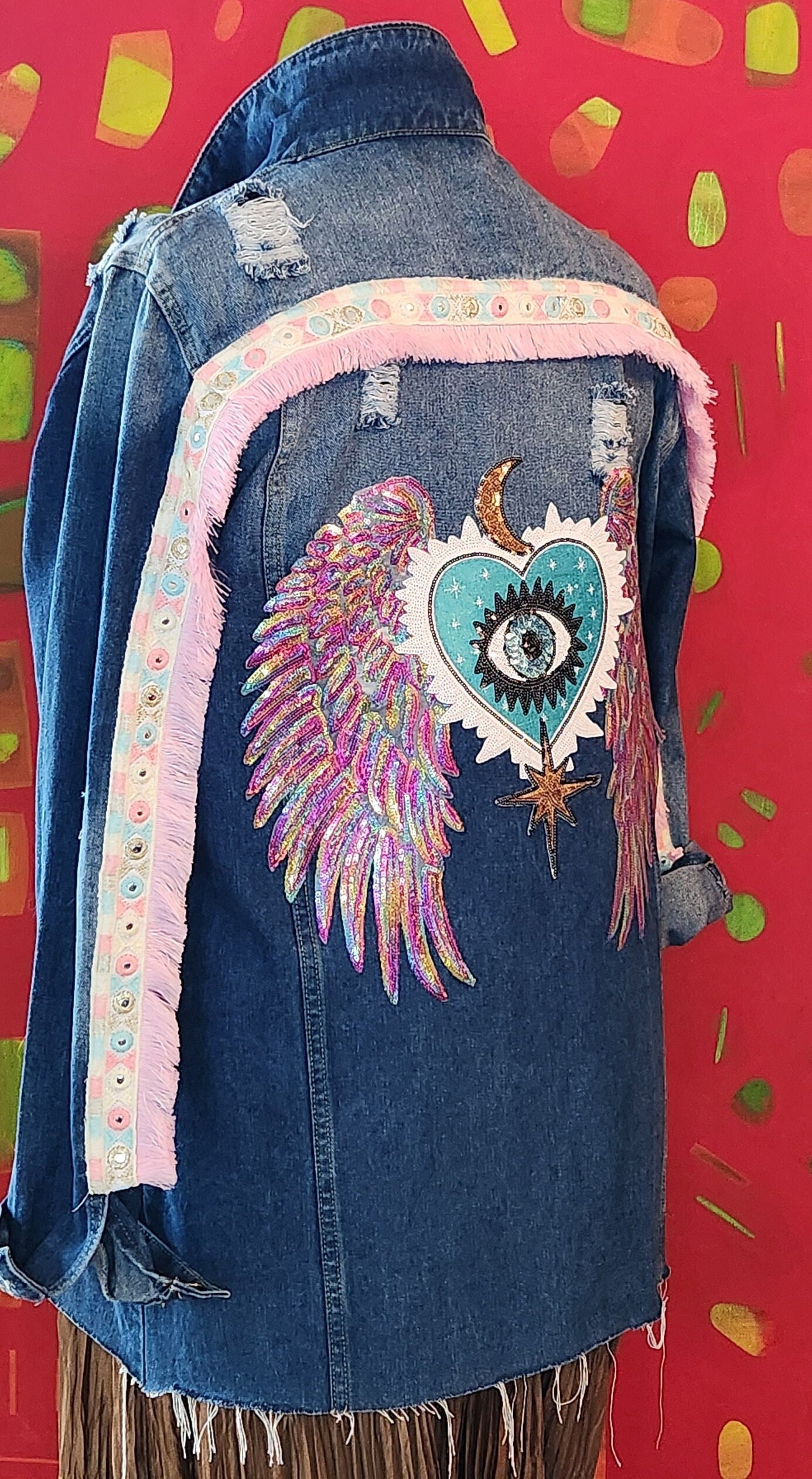 Pretty in Pink Jean Jacket Pink and Turquoise Mirror Work Ribbon and ...
