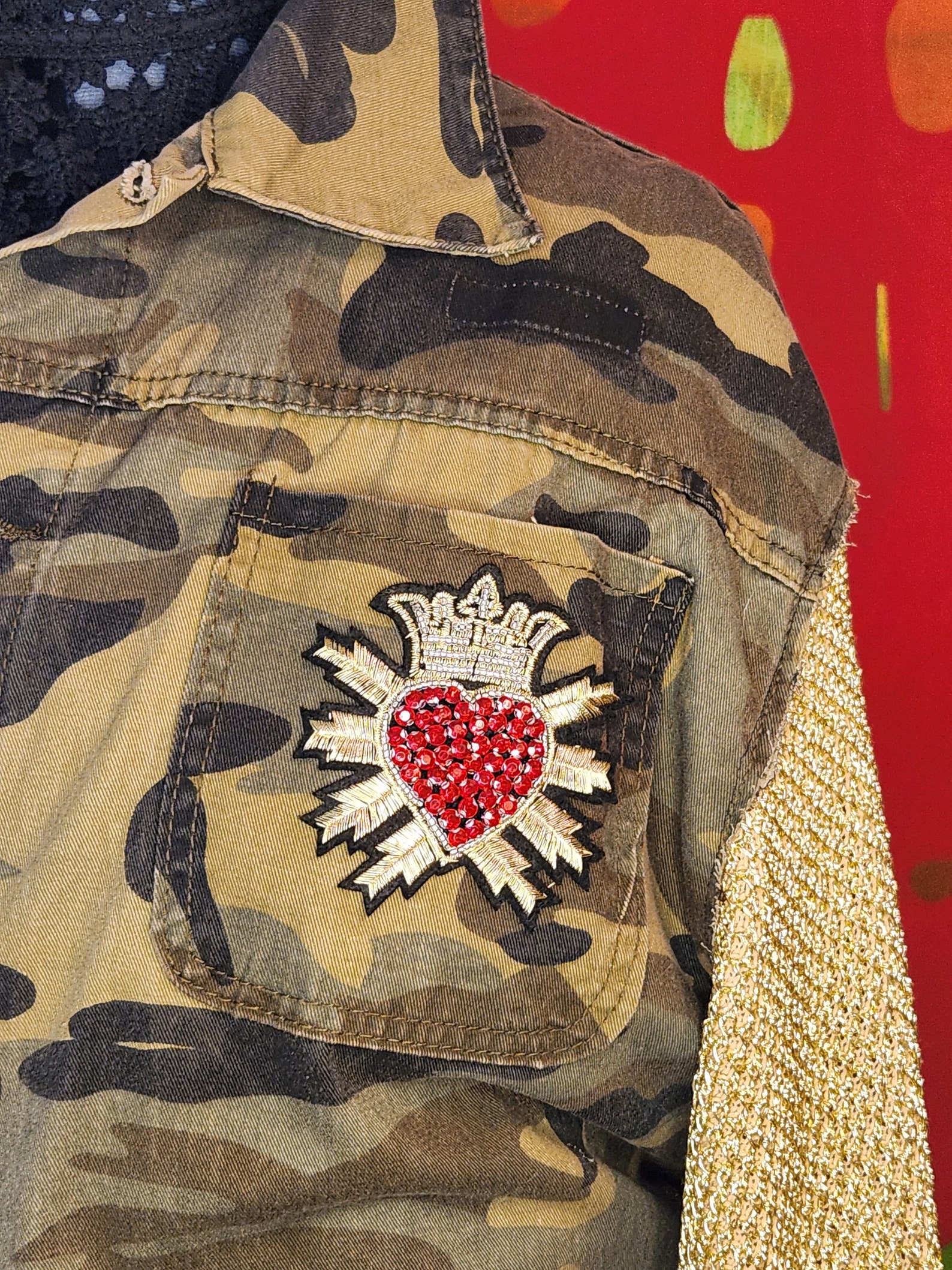 Bohemian Army Jacket With Wide Knit Gold Sleeves, Embroidered Sacred ...