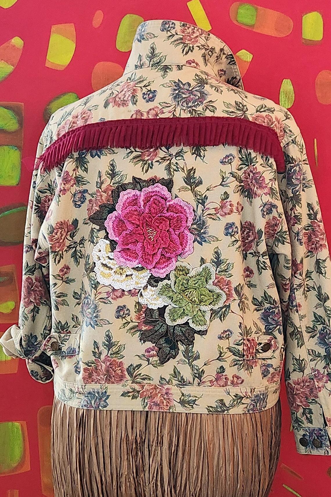 Upcycled Floral Tan Denim Jacket With Embroidered Red Flowers on the ...