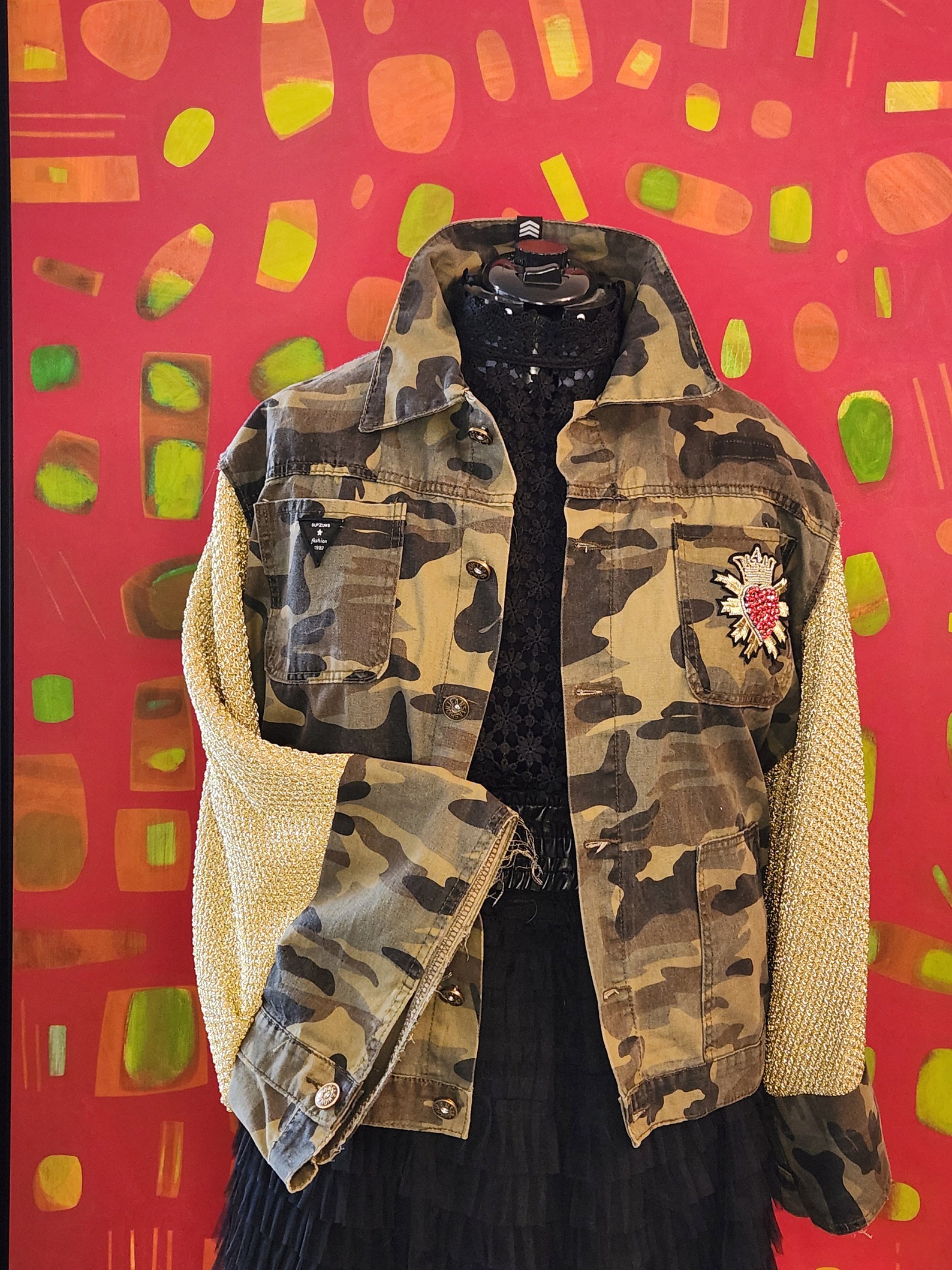 Bohemian Army Jacket With Wide Knit Gold Sleeves, Embroidered Sacred ...