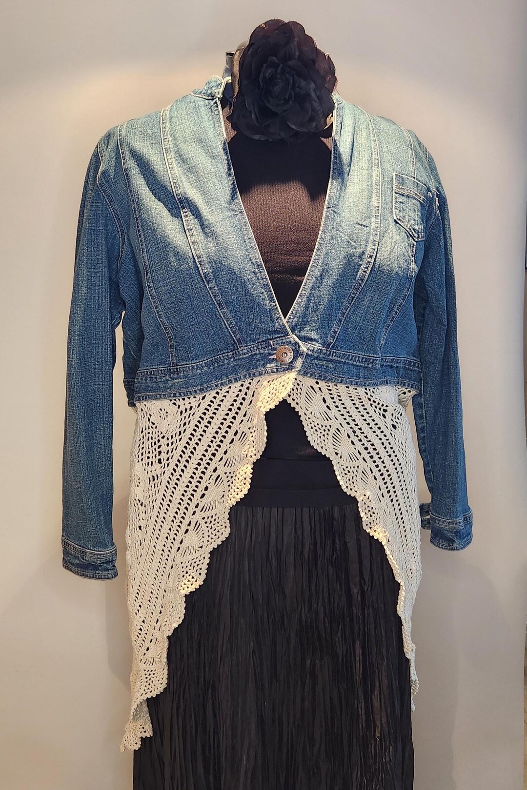 3X Plus Size Denim Jacket Buttons at the Waist Cream Crocheted Lace ...