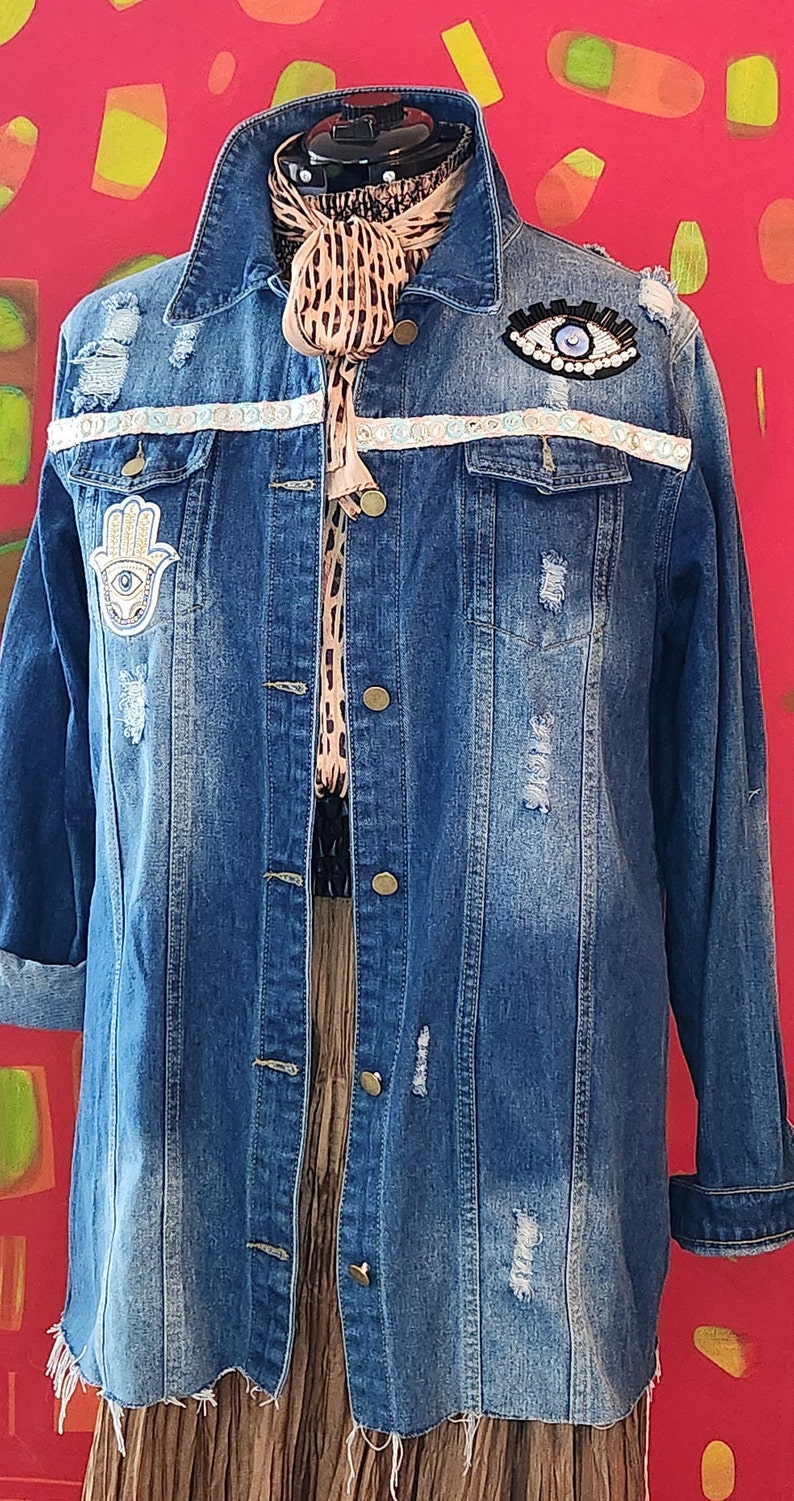 Pretty in Pink Jean Jacket Pink and Turquoise Mirror Work Ribbon and ...