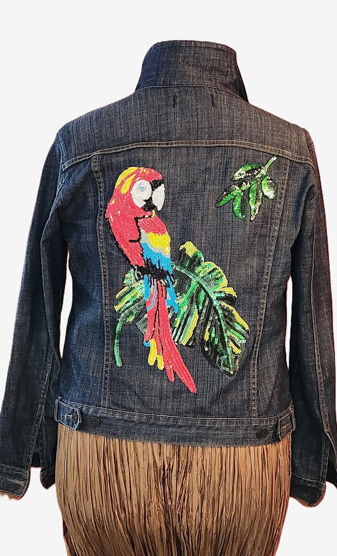 Upcycled Sequin Budgie Jean Jacket: Rhinestone Parrot, Tropical Leaves ...
