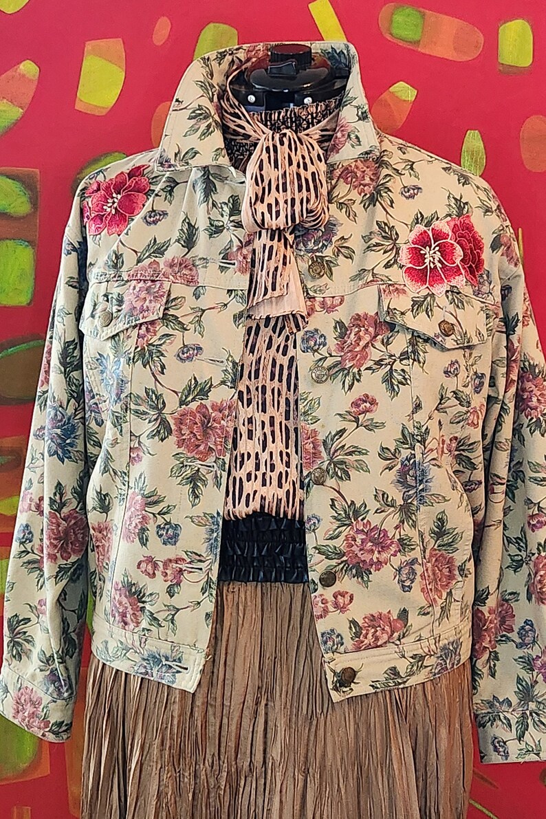 Upcycled Floral Tan Denim Jacket With Embroidered Red Flowers on the ...